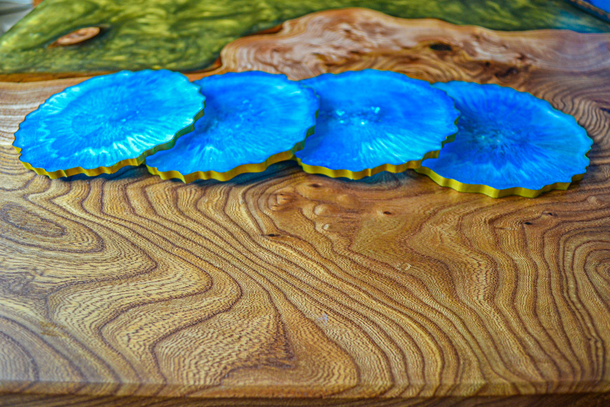 Epoxy onderzetters | metallic blauw met gouden rand | 4stks – Kayu Epoxy