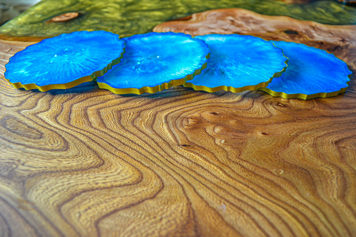 Epoxy onderzetters | metallic blauw met gouden rand | 4stks – Kayu Epoxy